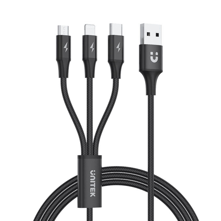 UNITEK 1.2m USB 3-in-1 Charge Cable. Integrated USB-A to Micro-B ...